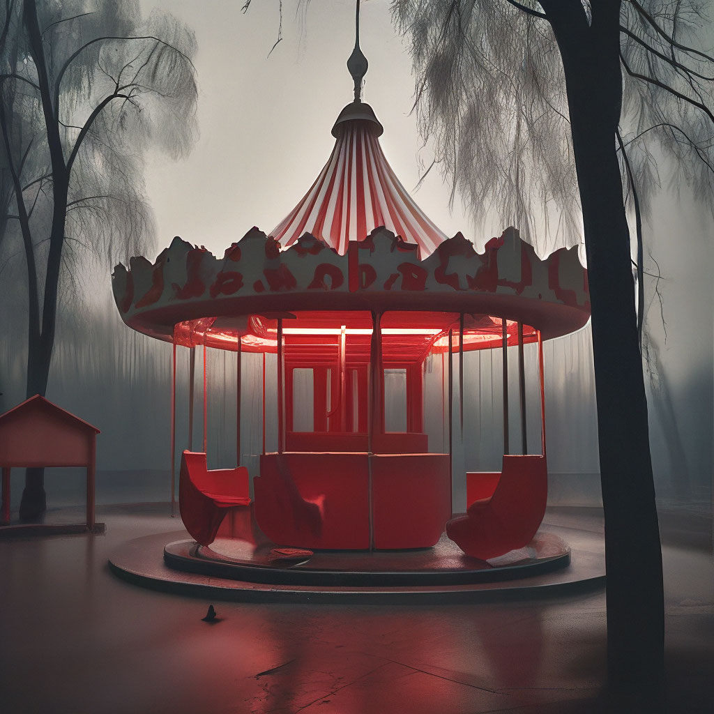 "Soviet playground, carousel, swing, horror, dark mood, red dark muted ...