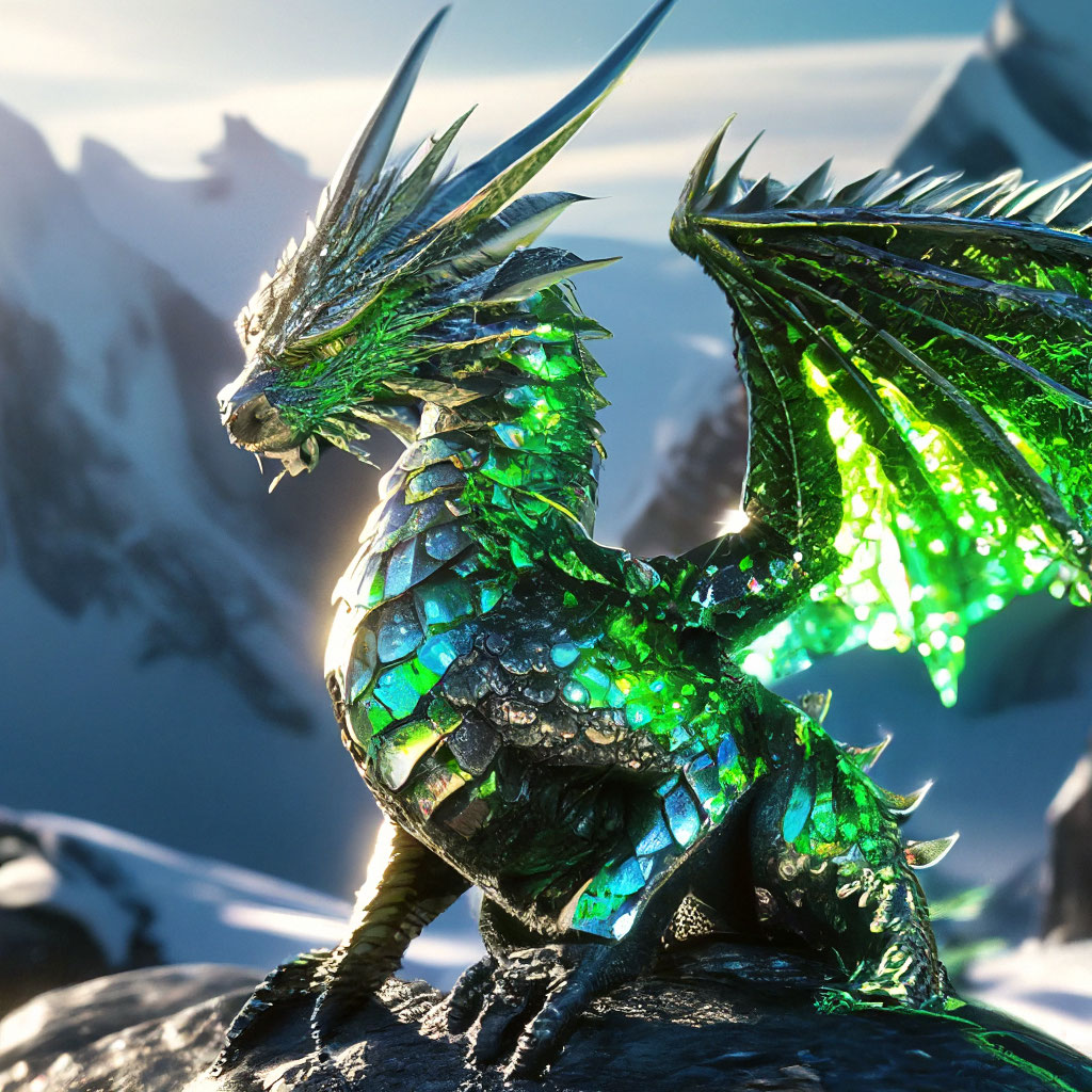 "Green winged Dragon sits on a black rock, high in the mountains ...