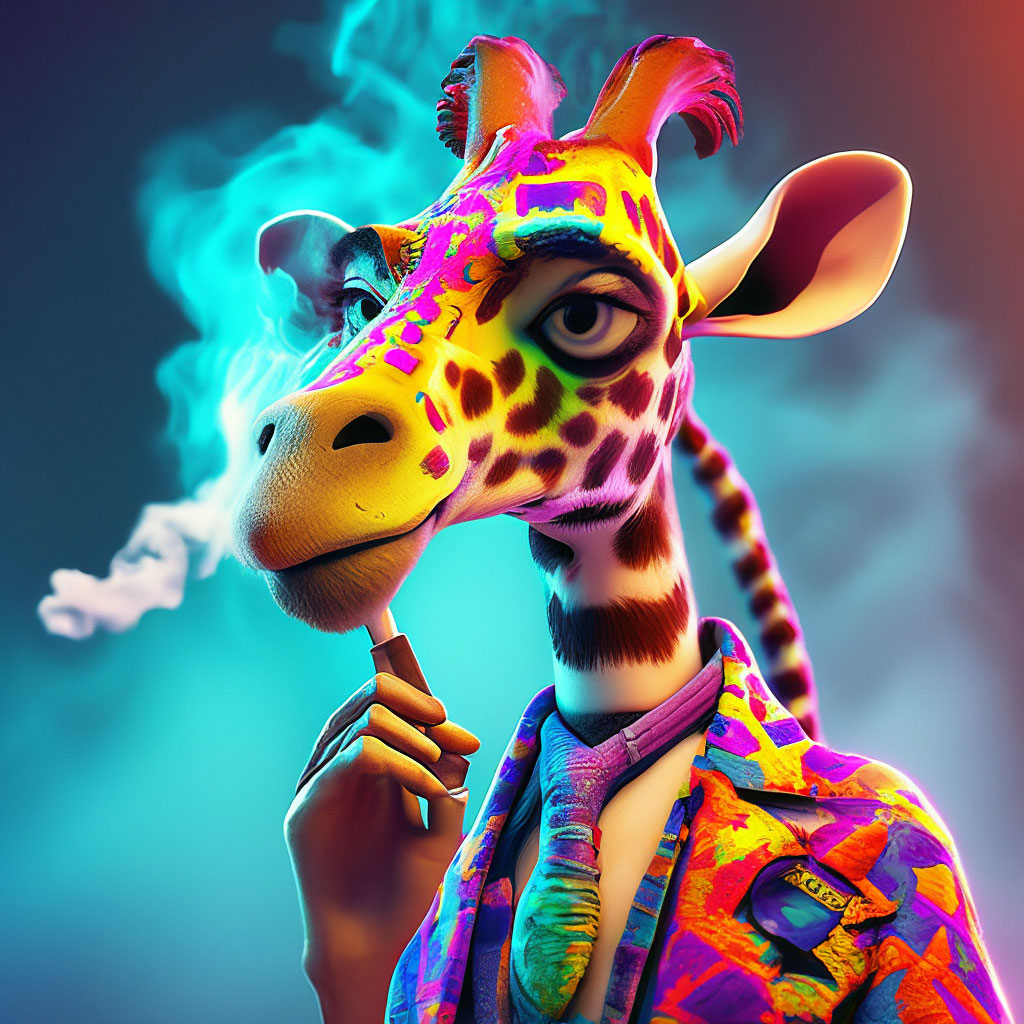"Hype anthropomorph + lemur + giraffe in full height smokes a pipe ...
