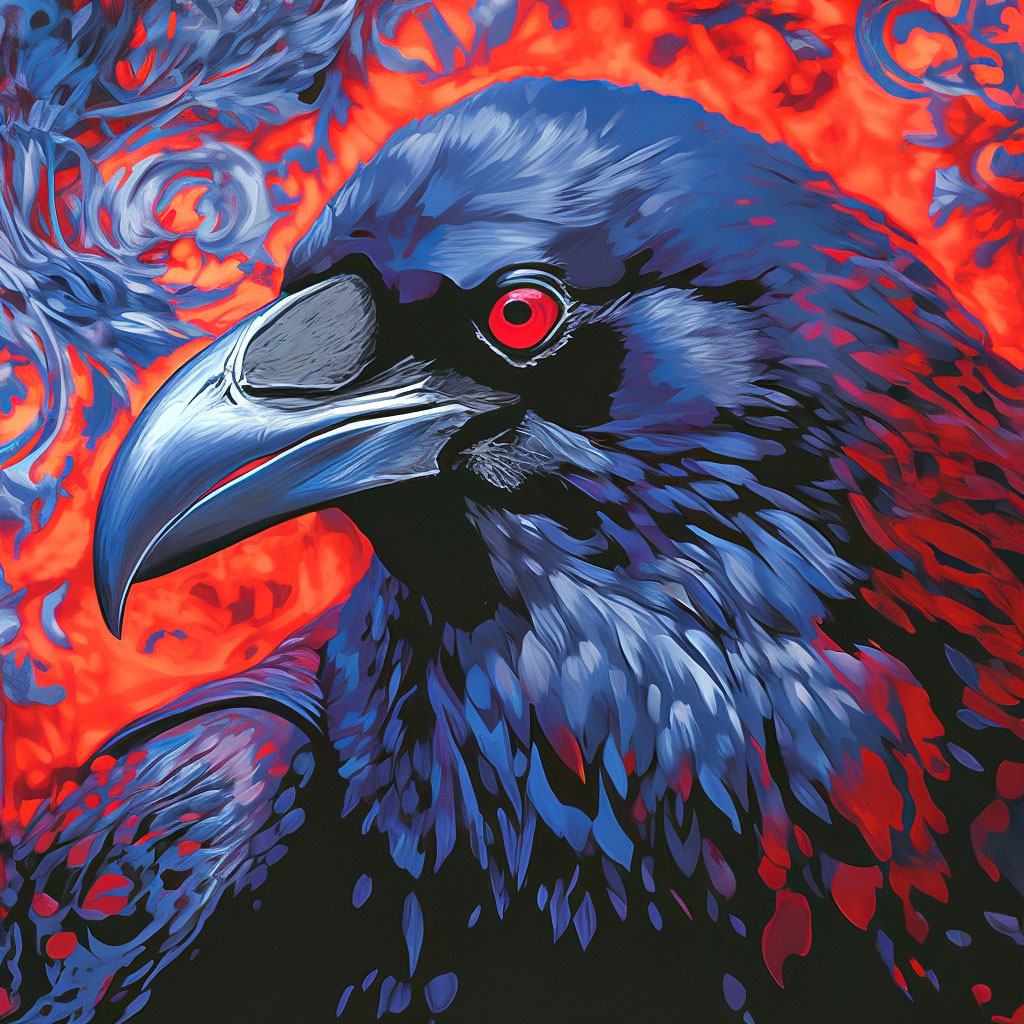 "Painting by numbers, demonic raven, red glow of the eyes, saturated ...