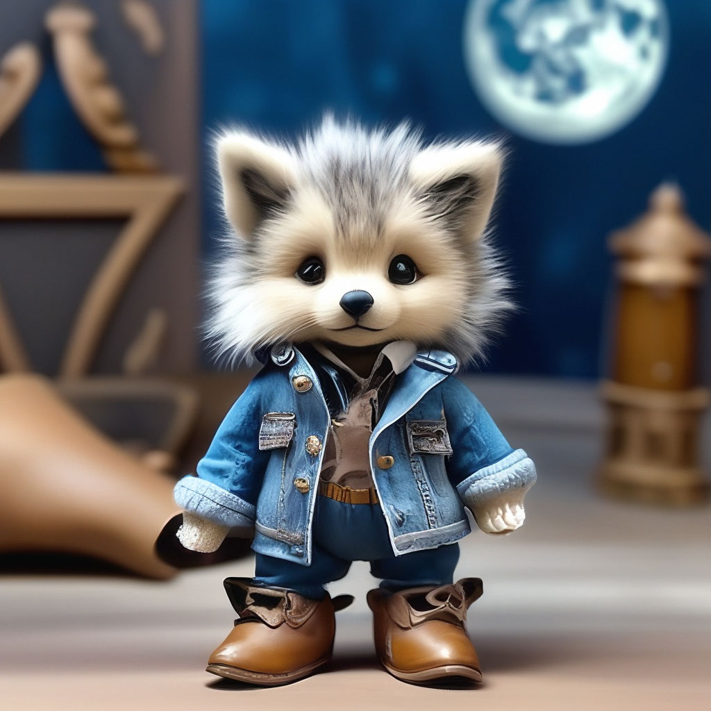 little mini cute fluffy wolf cub in a denim jacket, cowboy boots, in ...