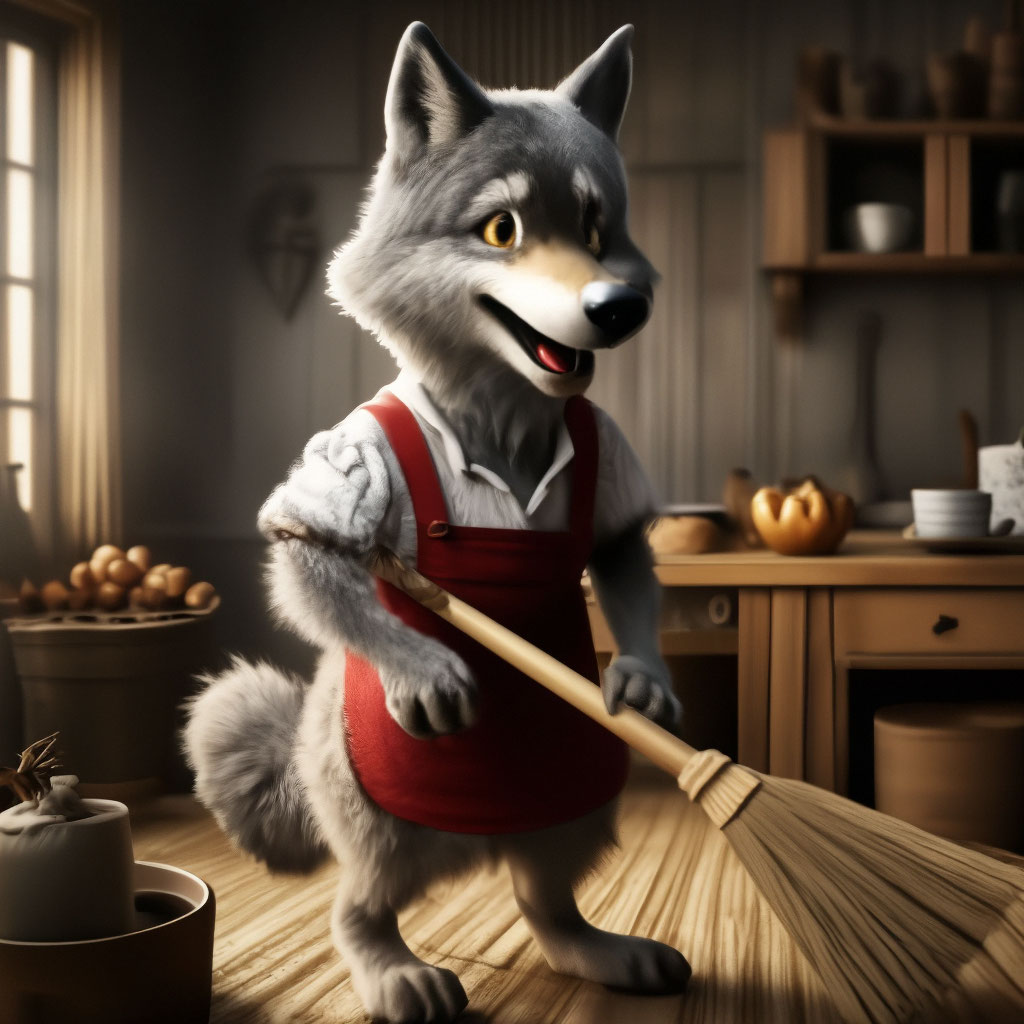 "The wolf sweeps in the house, kind with an apron," — image created in ...