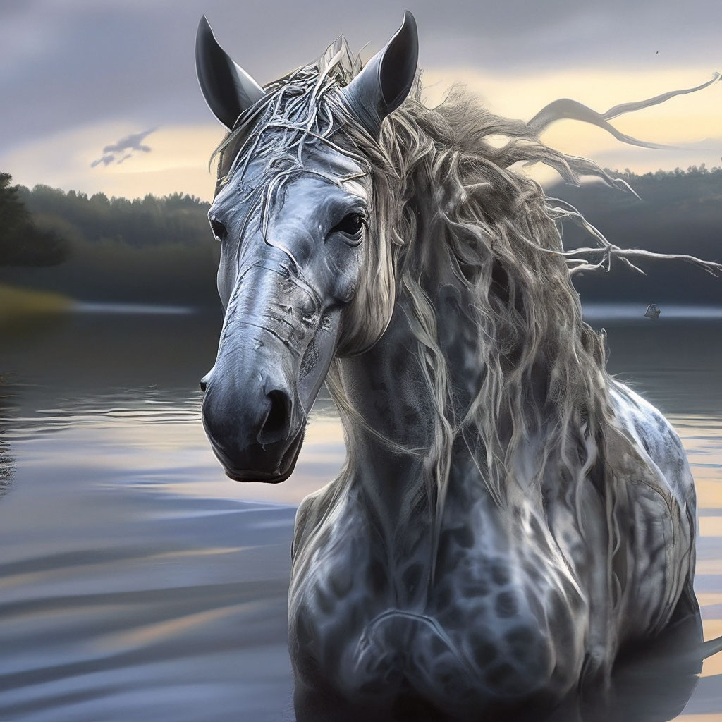 "Kelpie, on the lake shore, empty eyes, tangled mane, horror, 16K ...
