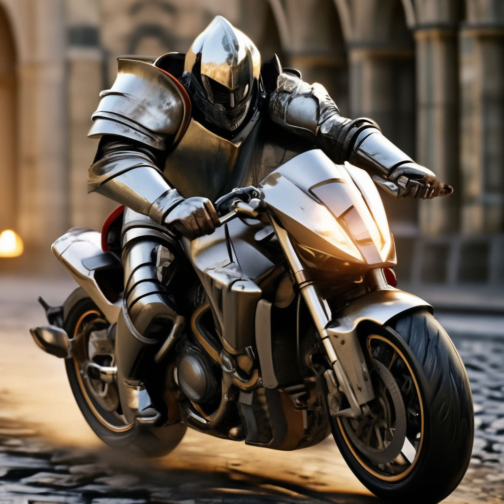 "Knight in medieval heavy armor driving a modern sport bike, realistic ...