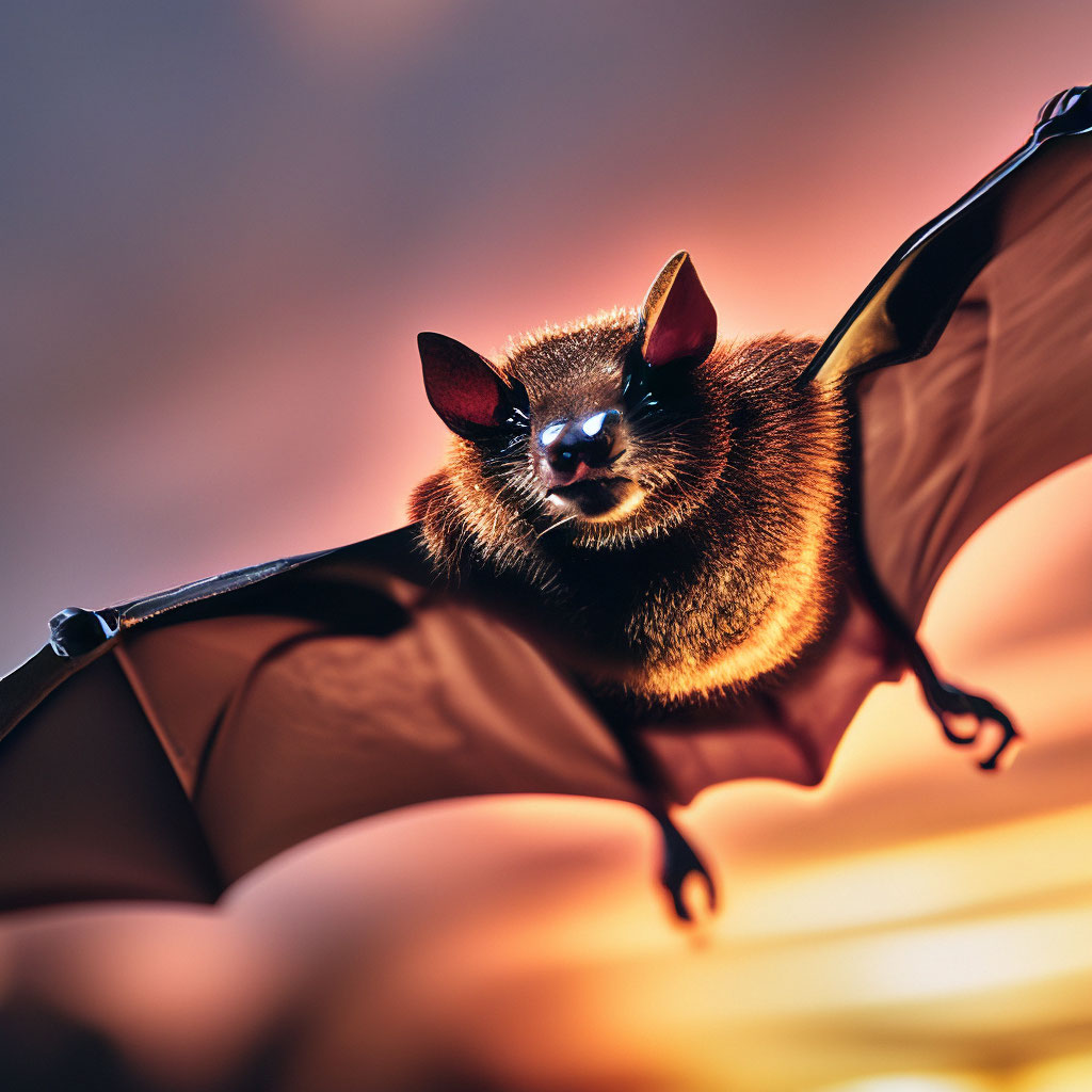 "Bat in flight, illuminated by the crimson rays of the setting sun ...
