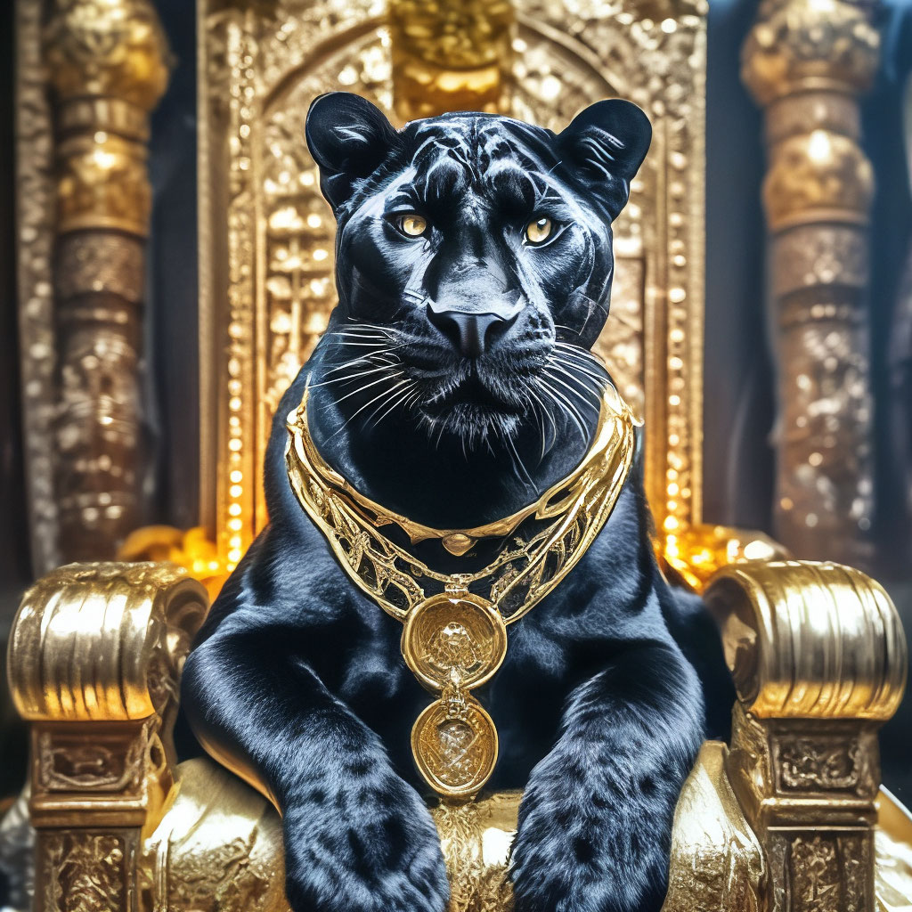 "Brutal, daring, beautiful black panther on the throne, gold chain with ...