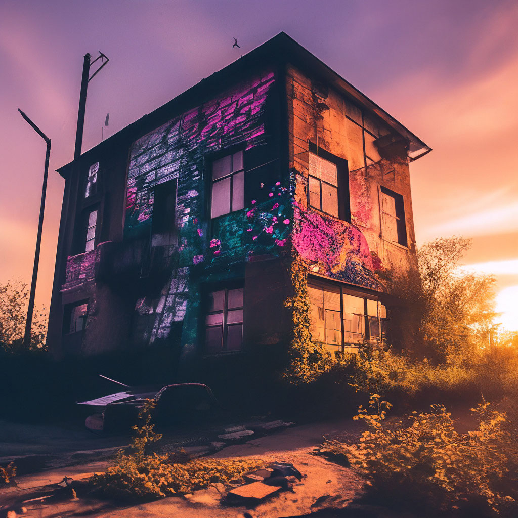 "Abandoned building with graffiti overgrown with creeper" — image ...