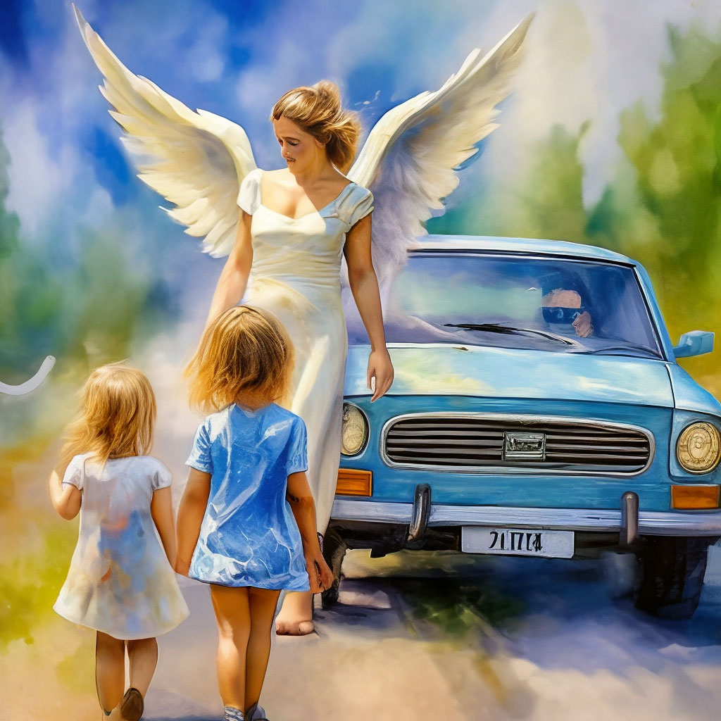 "Watercolor, a three-year-old girl is walking along the road, a KAMAZ ...
