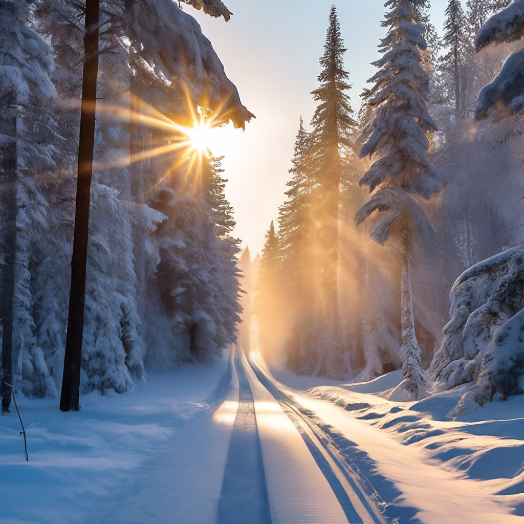 "Beautiful taiga winter road,shimmering snow,sun rays pass through ...