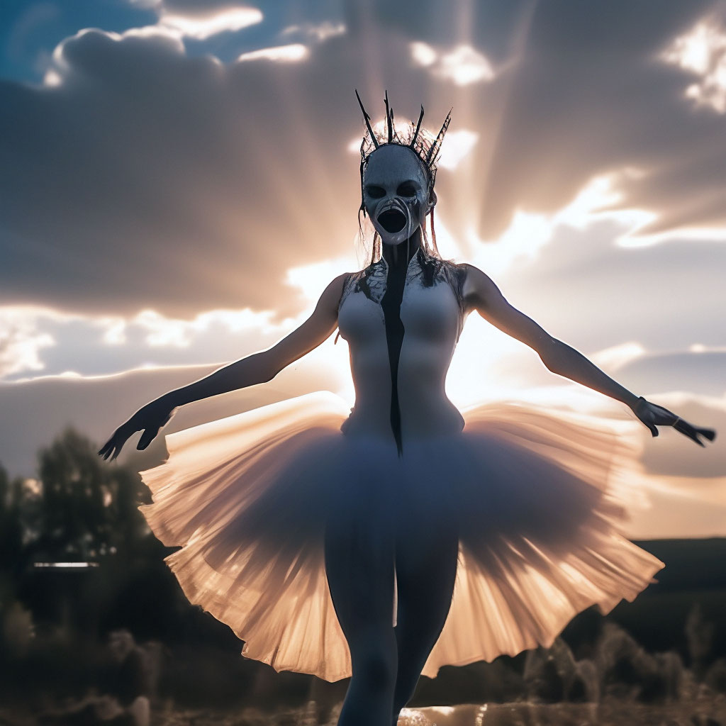 "Very scary, horror,zombie ballerina,dancing,light airy fantasy,sun ...