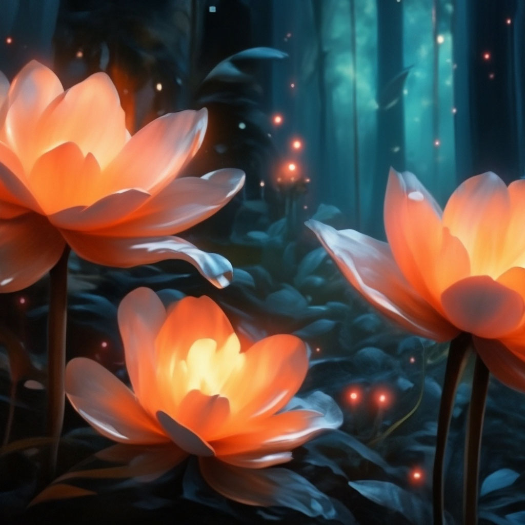 "Flowers glow at night, a fabulous forest" — image created in Shedevrum