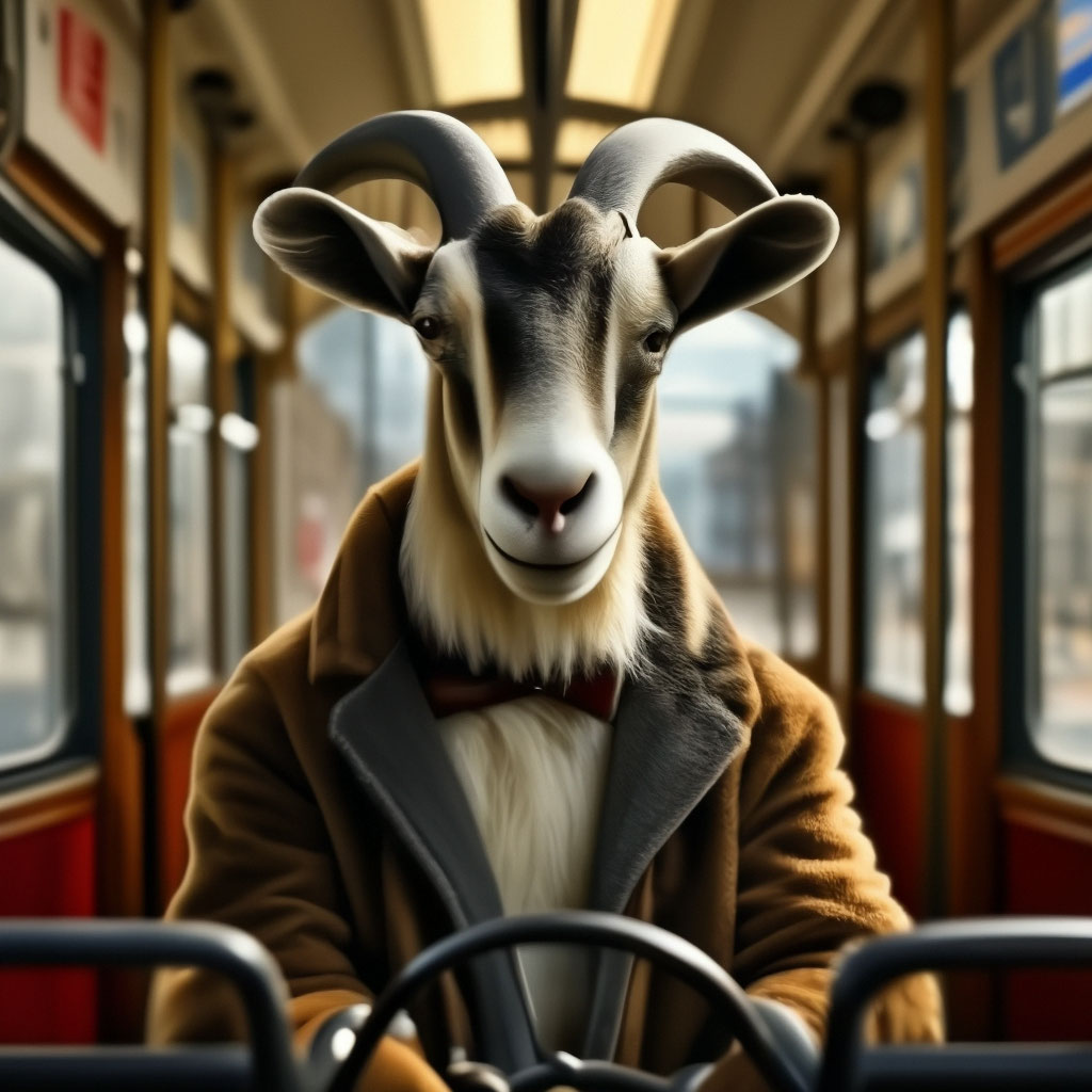 "A goat drives a tram, realistic, comical, cinematic" — image created ...
