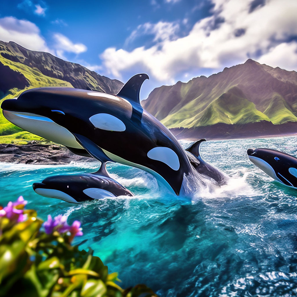"High-quality digital image of a flock of Orca jumping out of the ocean ...