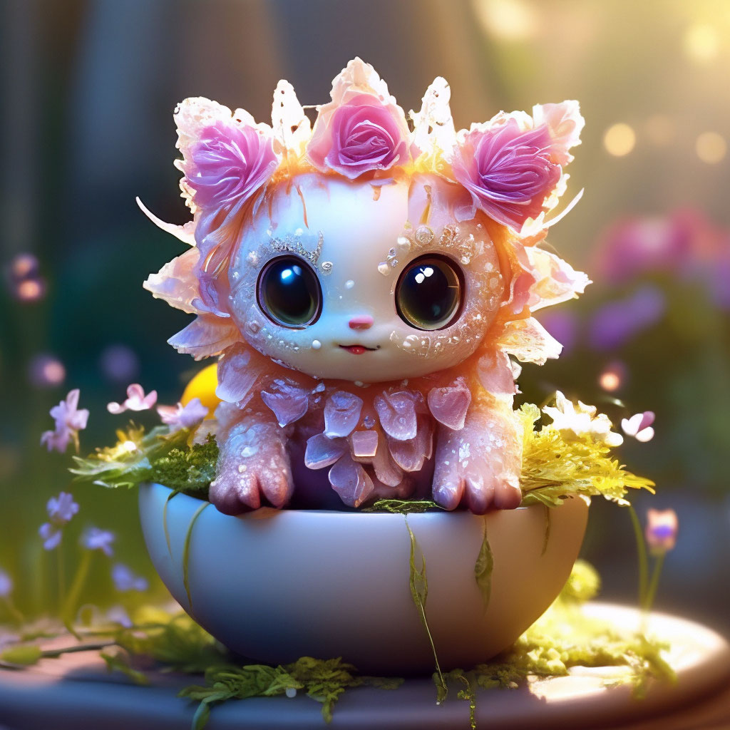 "Cute flower monster in pearl lace and silk openwork threads, sitting ...