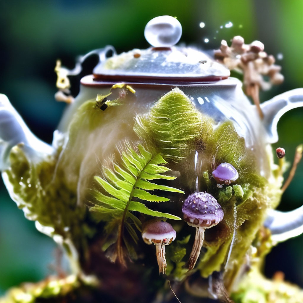 "Macrolife in an old broken teapot: fern, moss, watercolor fluffy ...