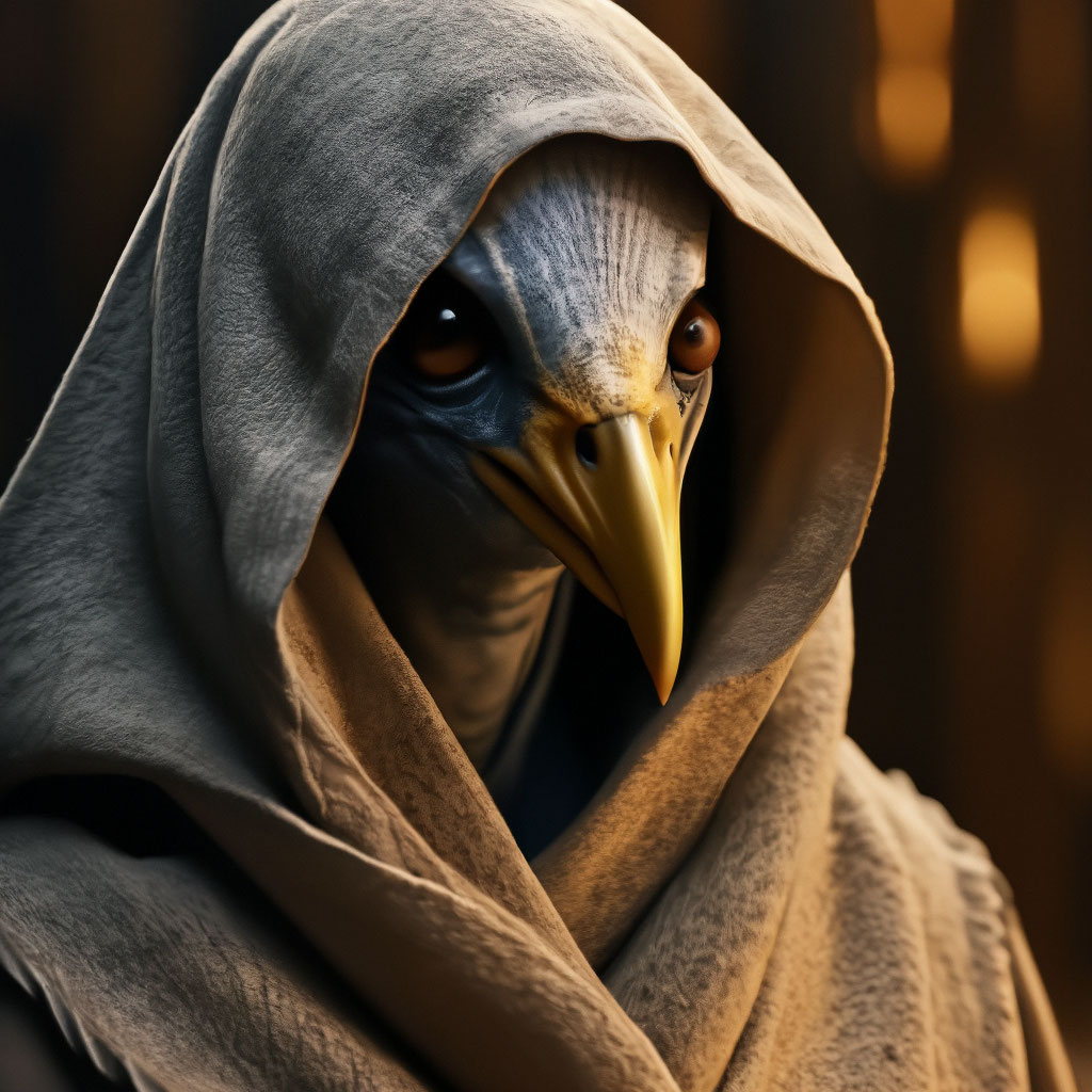 "Alien bird, raw, detailed drawing, skin texture, eye contour, eyeliner ...