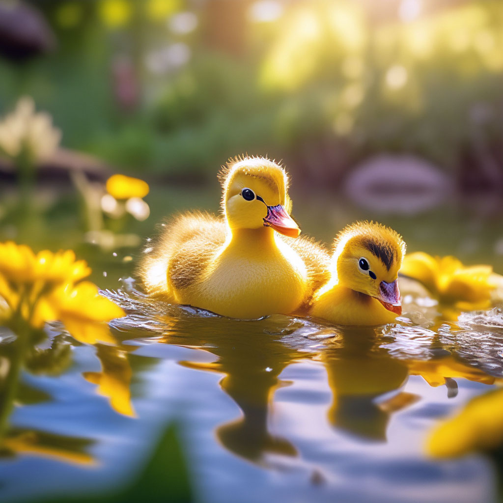 "Little yellow ducklings follow a duck to the pond, beautiful ...