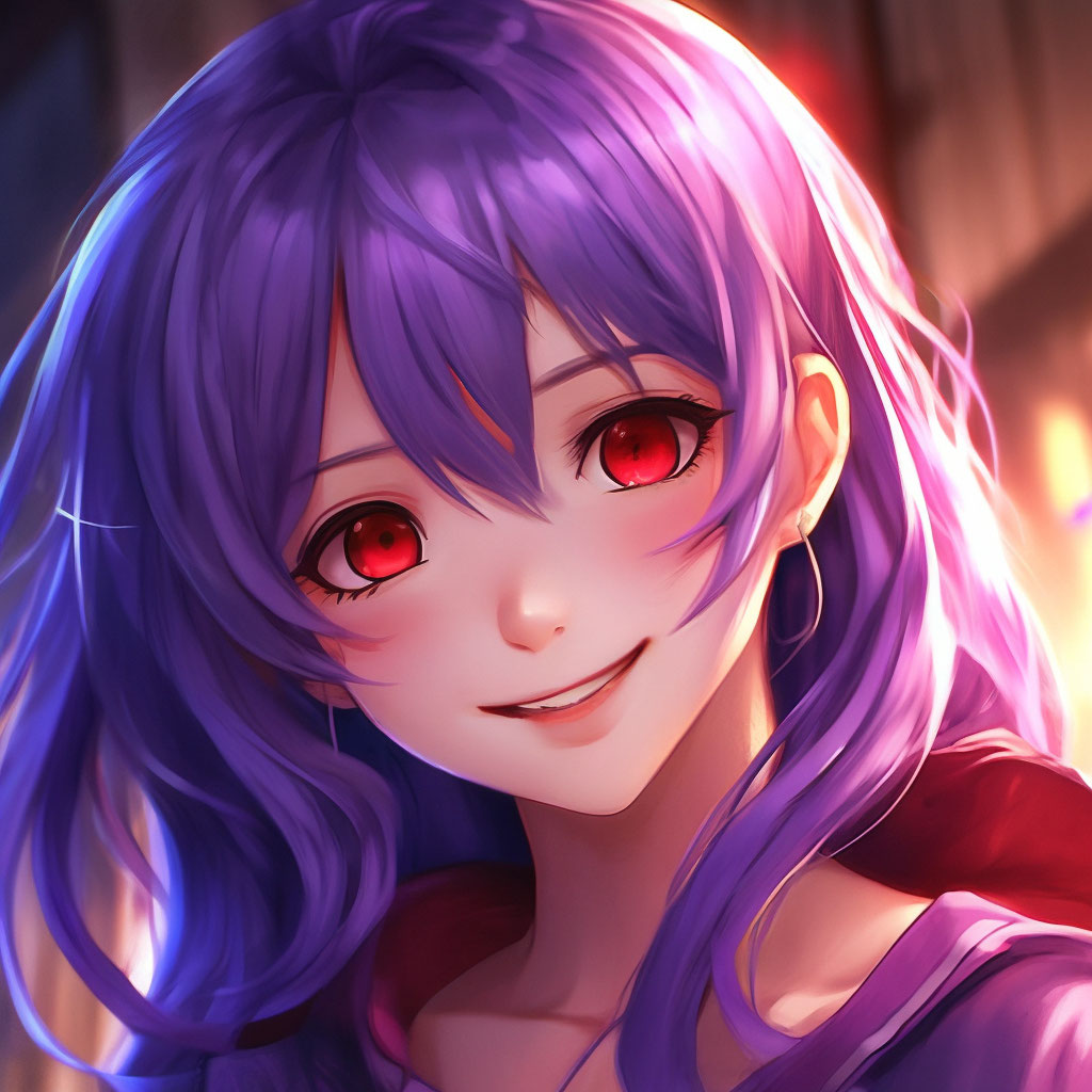 "Beautiful girl, anime, beautiful drawing, purple hair, red eyes, smile ...