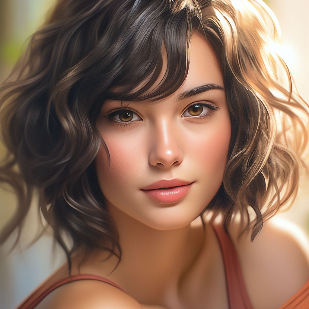 "Brunette girl, brown eyes, wavy short hair, cascade hairstyle, with ...