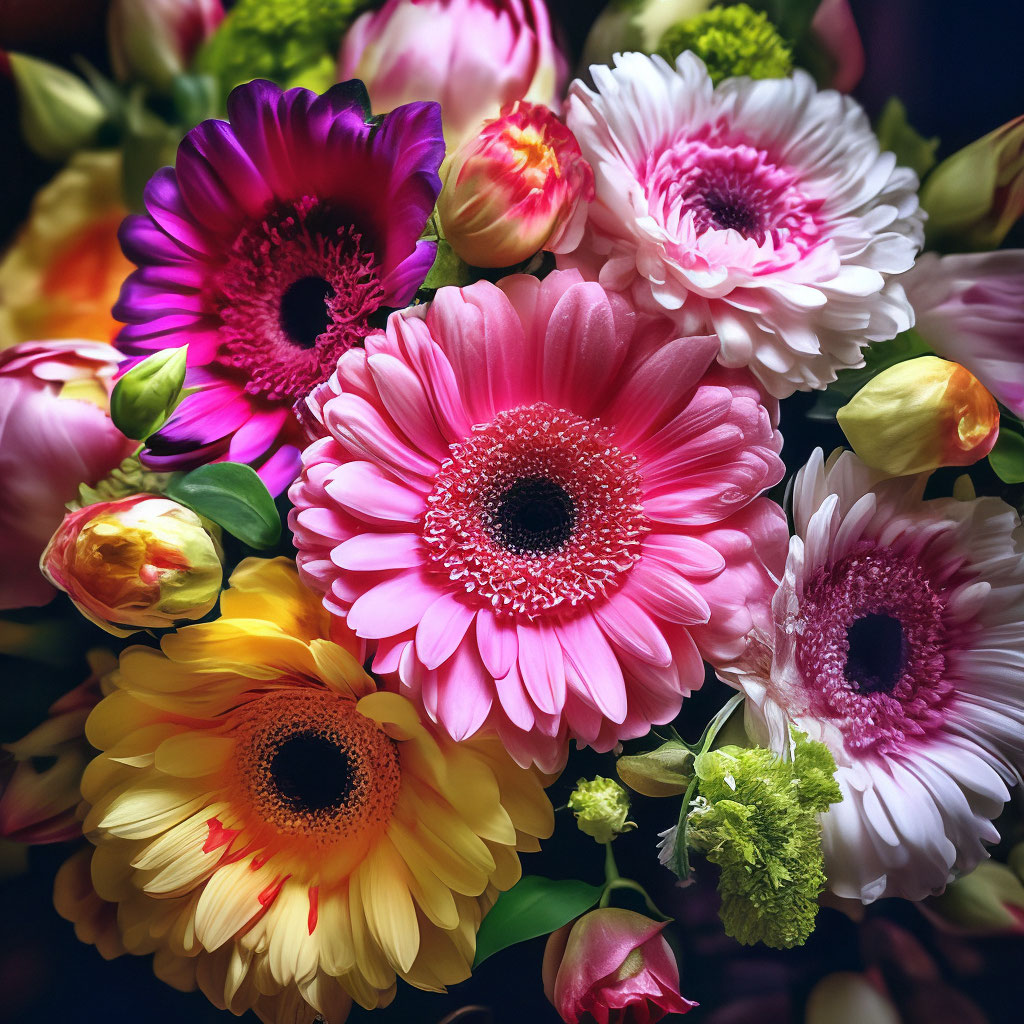 "Digital painting, high detail, gerberas of different colors, peonies ...