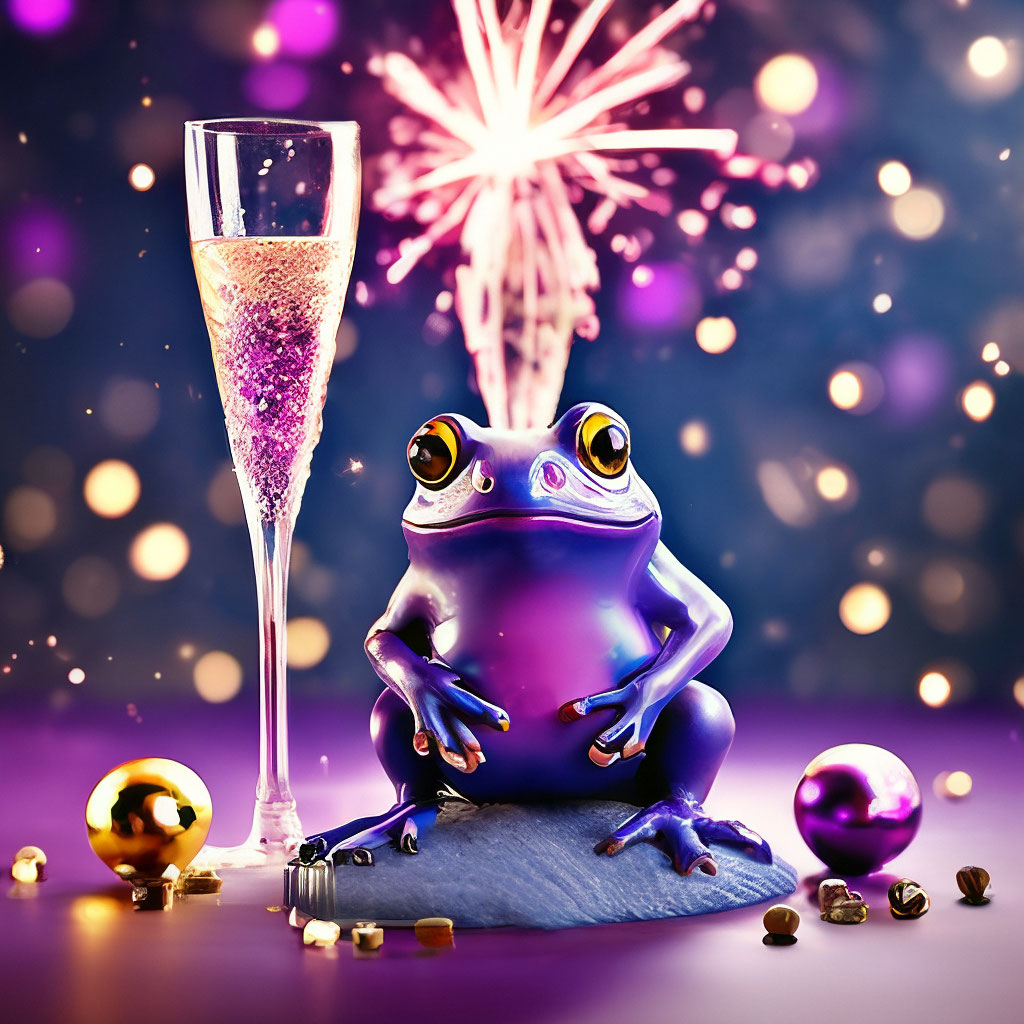 "A cute frog is sitting in a glass of explosive purple New Year's ...