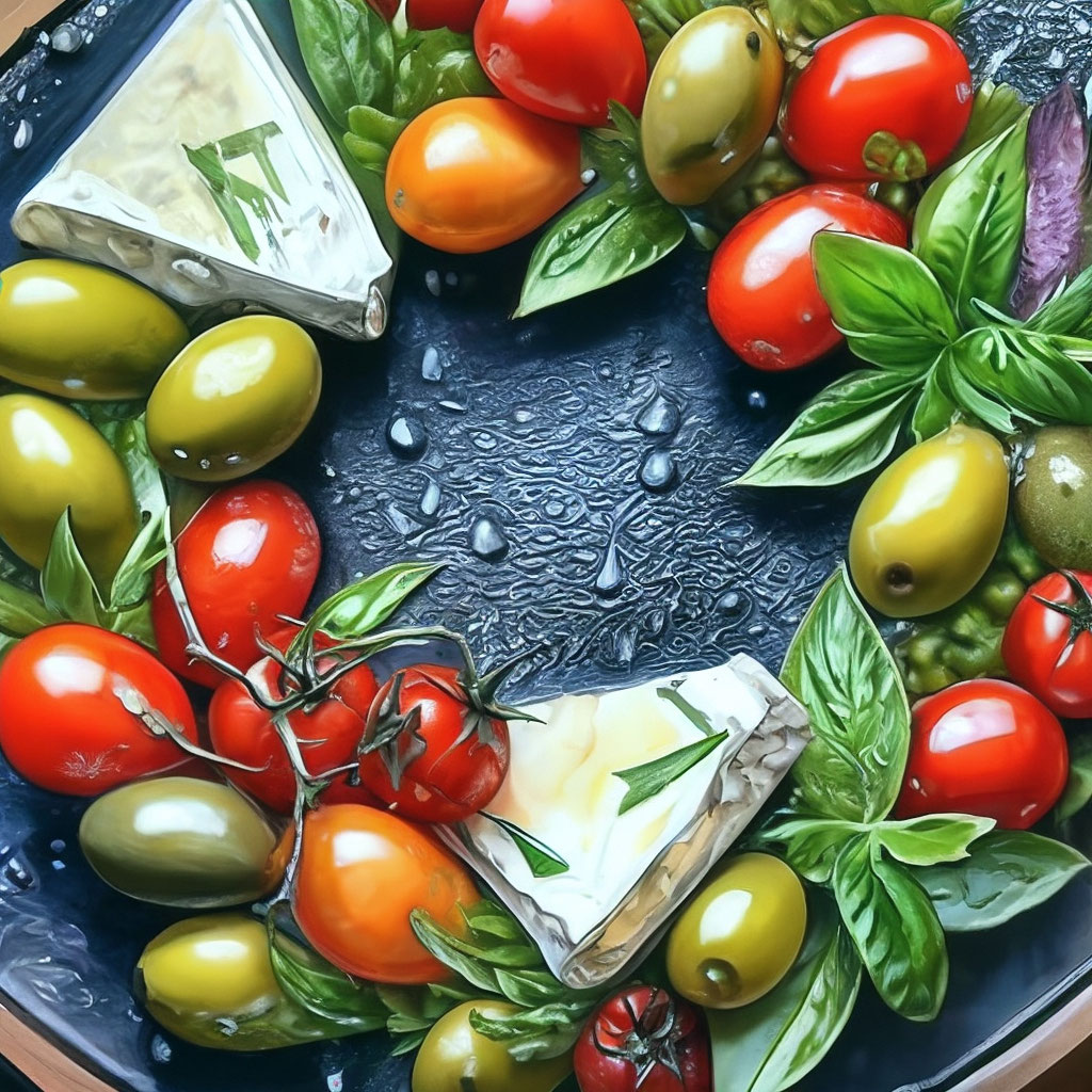 "Surreal food sketch+hyperrealism,5D, macro salad wreath olives+brie ...
