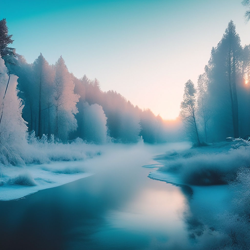 "Frosty turquoise dawn, forest, river, frost, atmospheric, bright ...