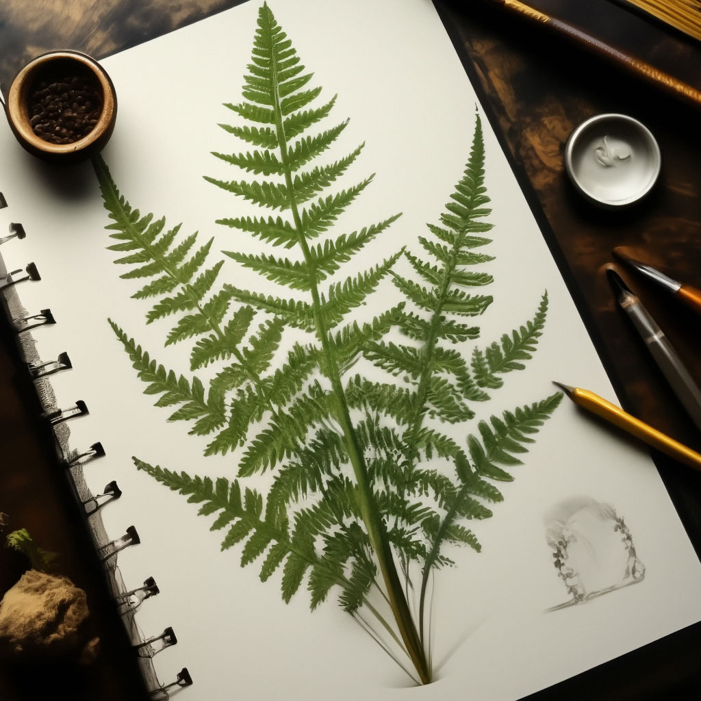 "Top view,on the table drawing drawing of a flowering fern in the ...