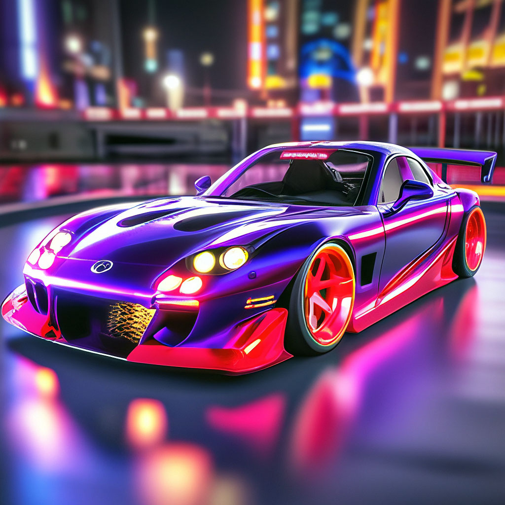 "Mazda rx7 tuning purple neon tuning with red details, realistic, close ...