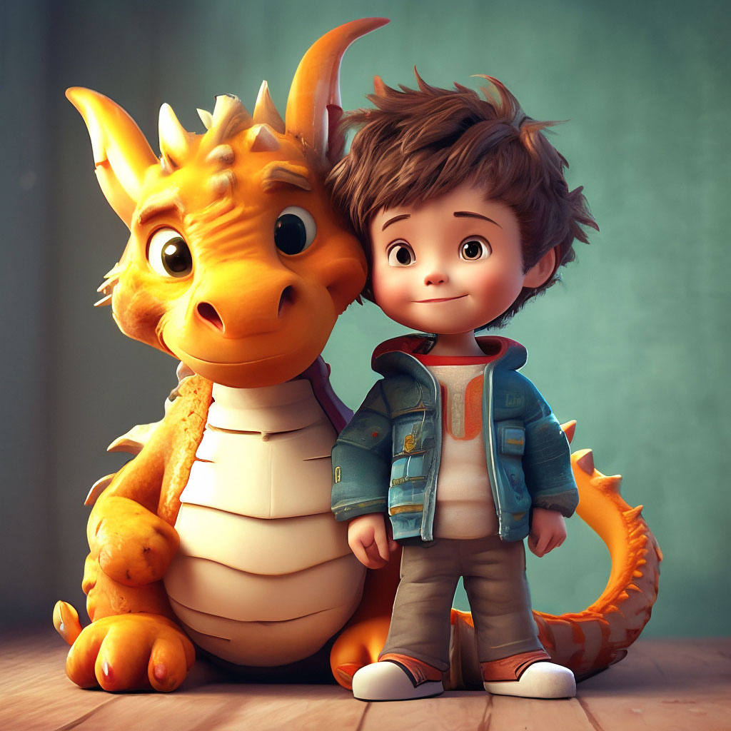 "Cartoon character disheveled boy and funny teddy dragon, high quality ...