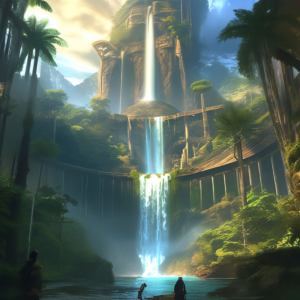 "A huge mythical waterfall in summer in the tropics" — image created in ...