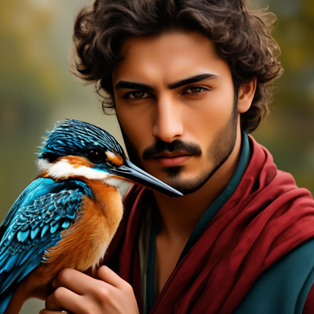 "Handsome young turk guy with kingfisher, super detail, filigree ...