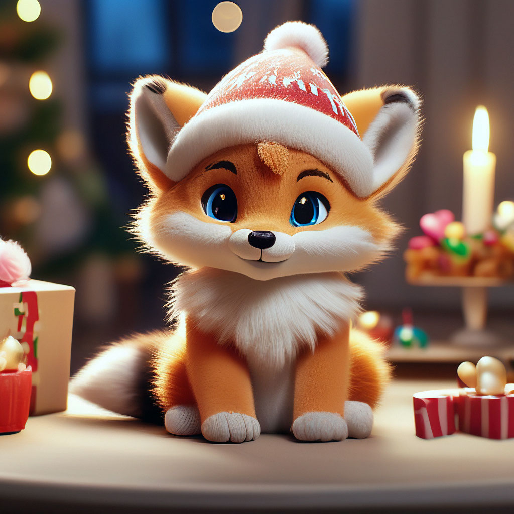 "Chibi, the sweetest, fluffy fox cub with a festive hat in his head ...