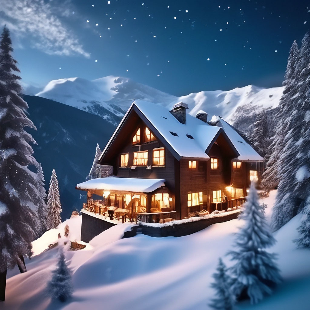 "Chalet mountains snow christmas trees snowflakes, professional photo ...