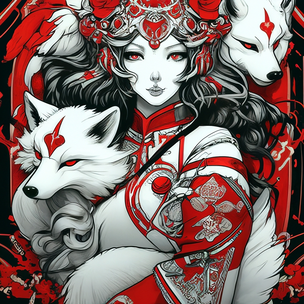 "Art, adult kitsune girl, high detail, heraldry, red+white+black, gamma ...