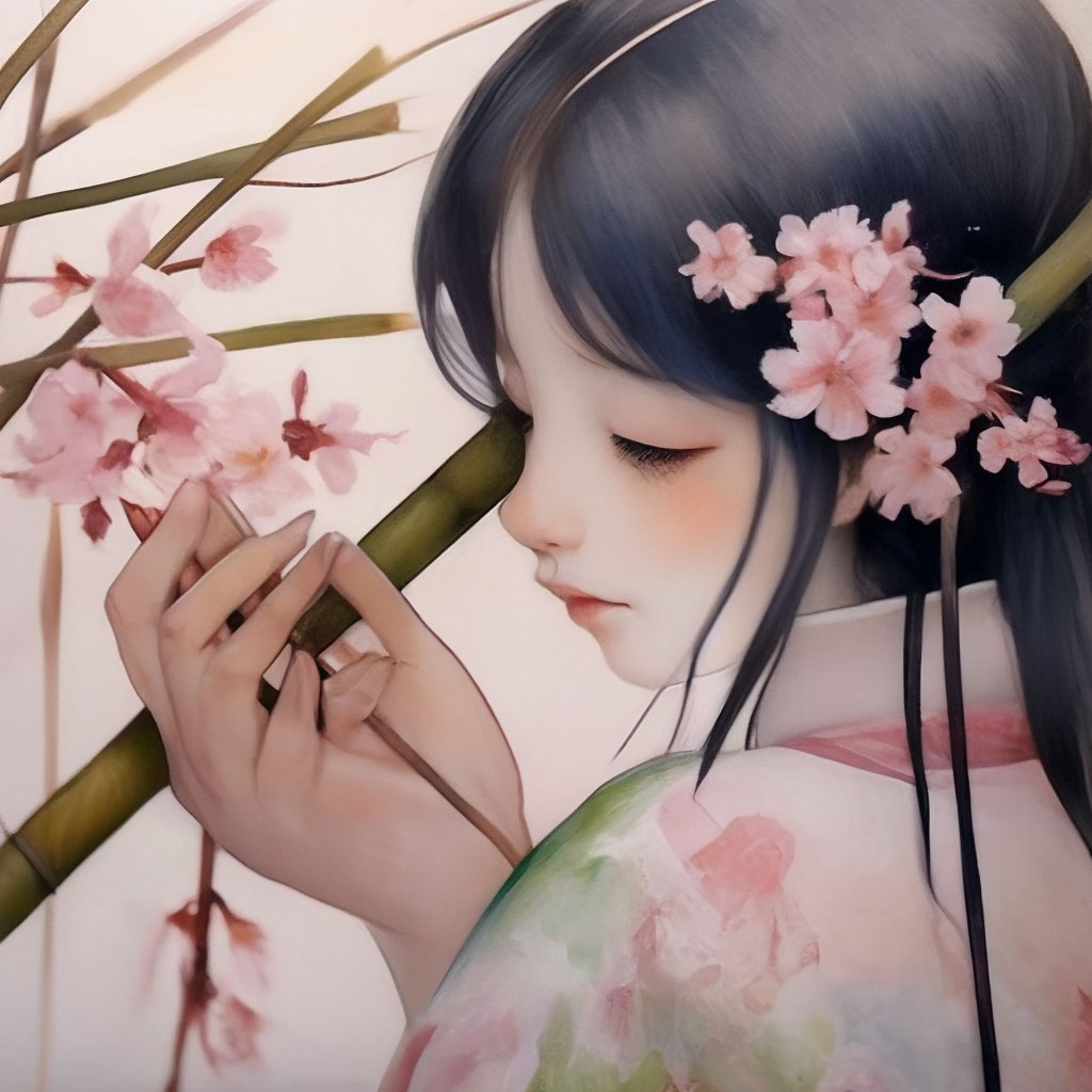 "A girl, a thin, fragile reed, holds in her hands a sprig of sakura ...