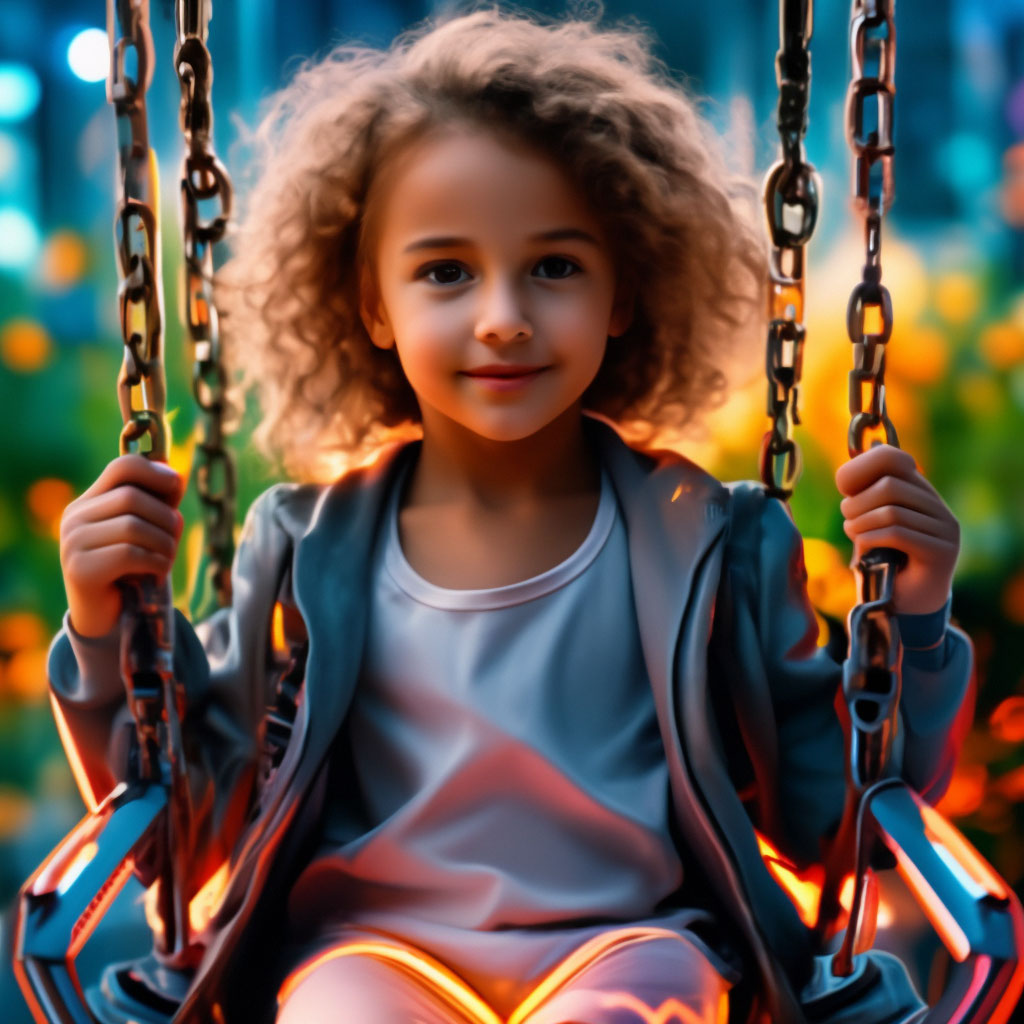 "Futurism, technology, beautiful happy slavic child on a neon swing ...