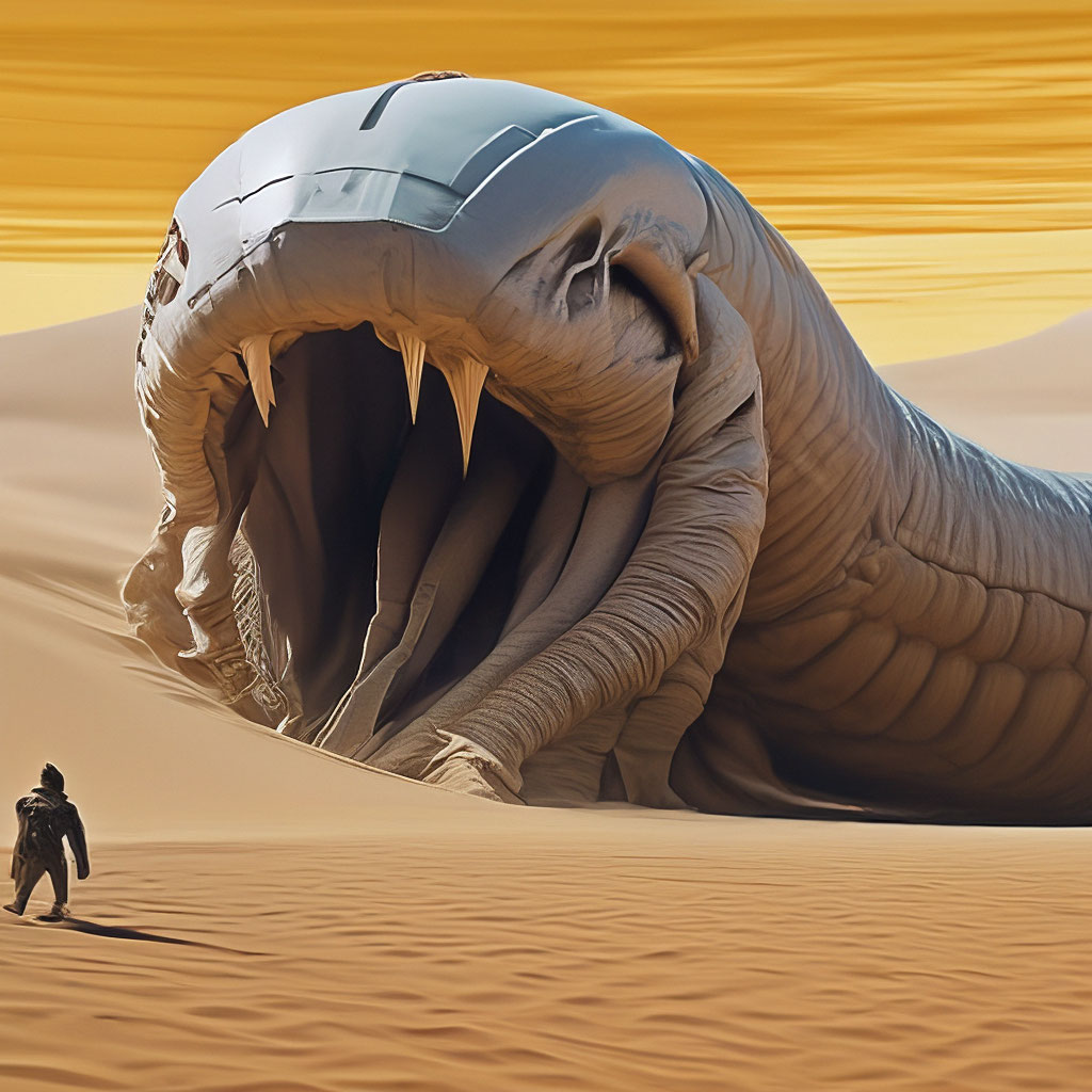 "A giant sandworm of the Dune bursts out of the sand, with an open ...