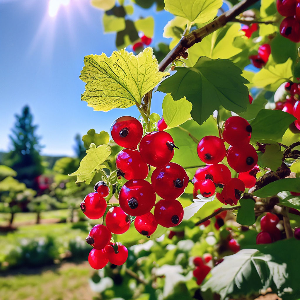 "Red and white currants,garden,trees,clear day,sun" — image created in ...