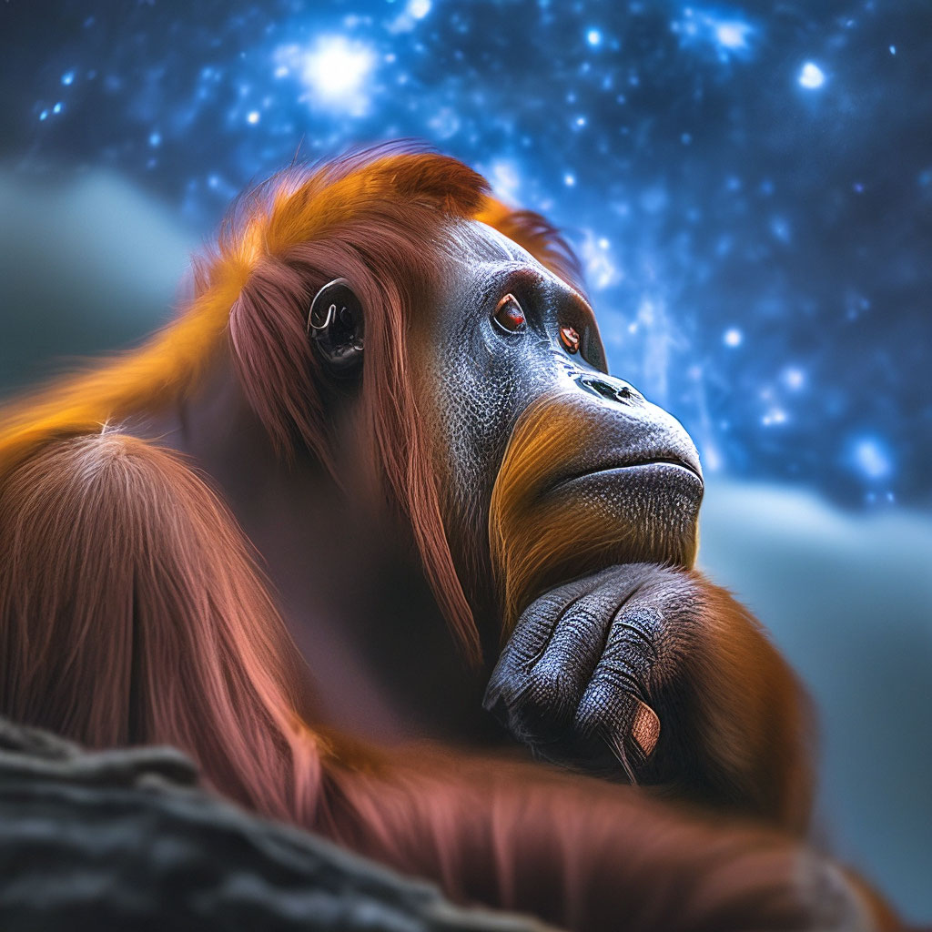 "Thoughtful orangutan , side view , looking at the starry sky" — image ...