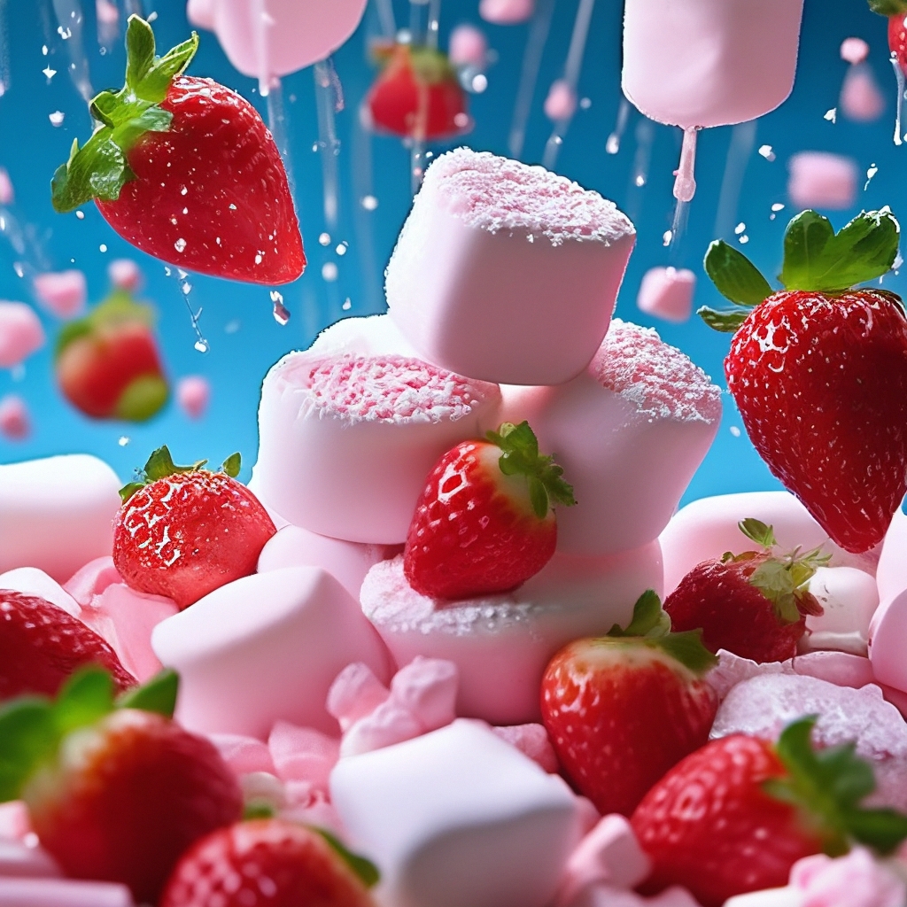 "Rain of marshmallows and ripe juicy strawberries falling from the sky ...