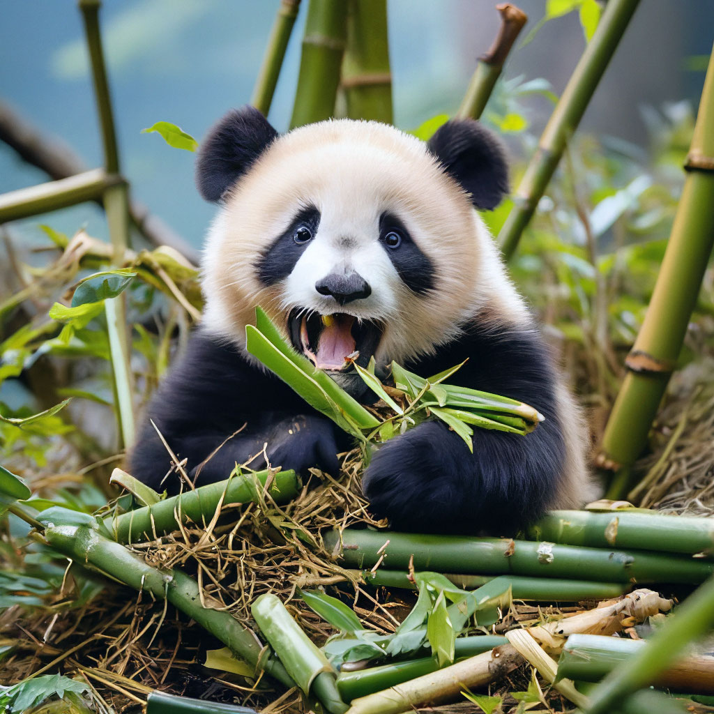 "Fluffy panda eats bamboo" — image created in Shedevrum