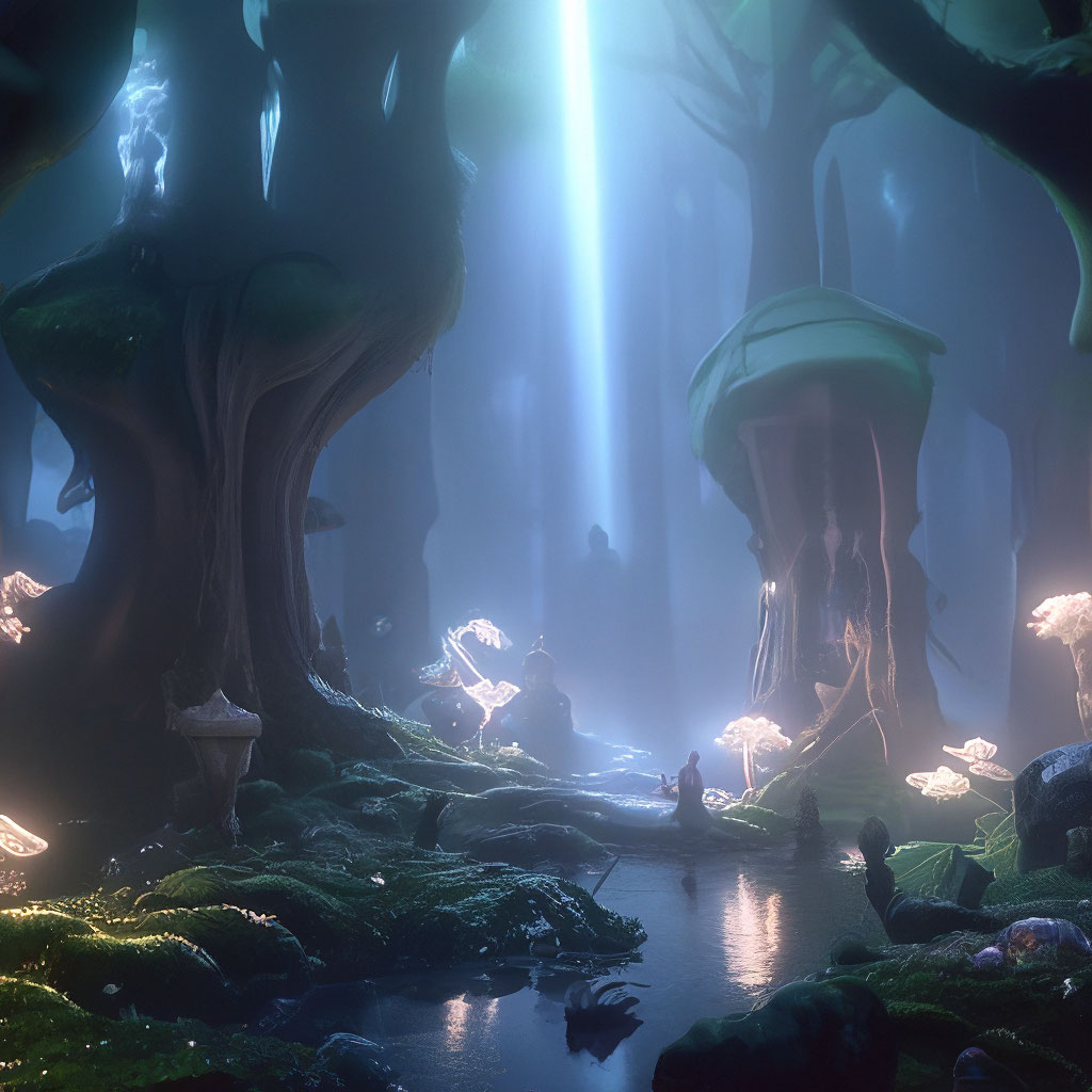 "Elves and trolls in an enchanted forest, rays of light, concept art ...