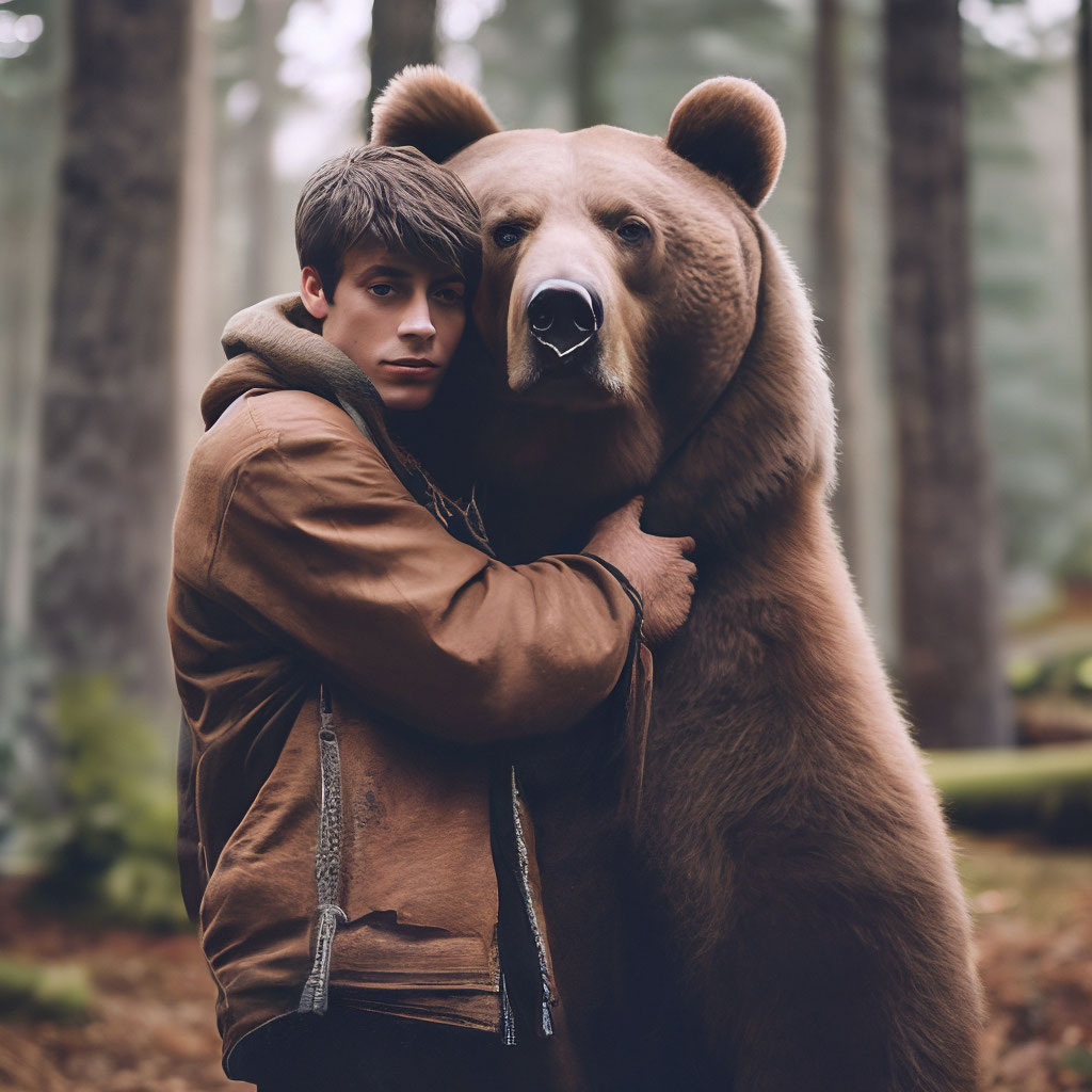 "A young man hugs a brown bear" — image created in Shedevrum