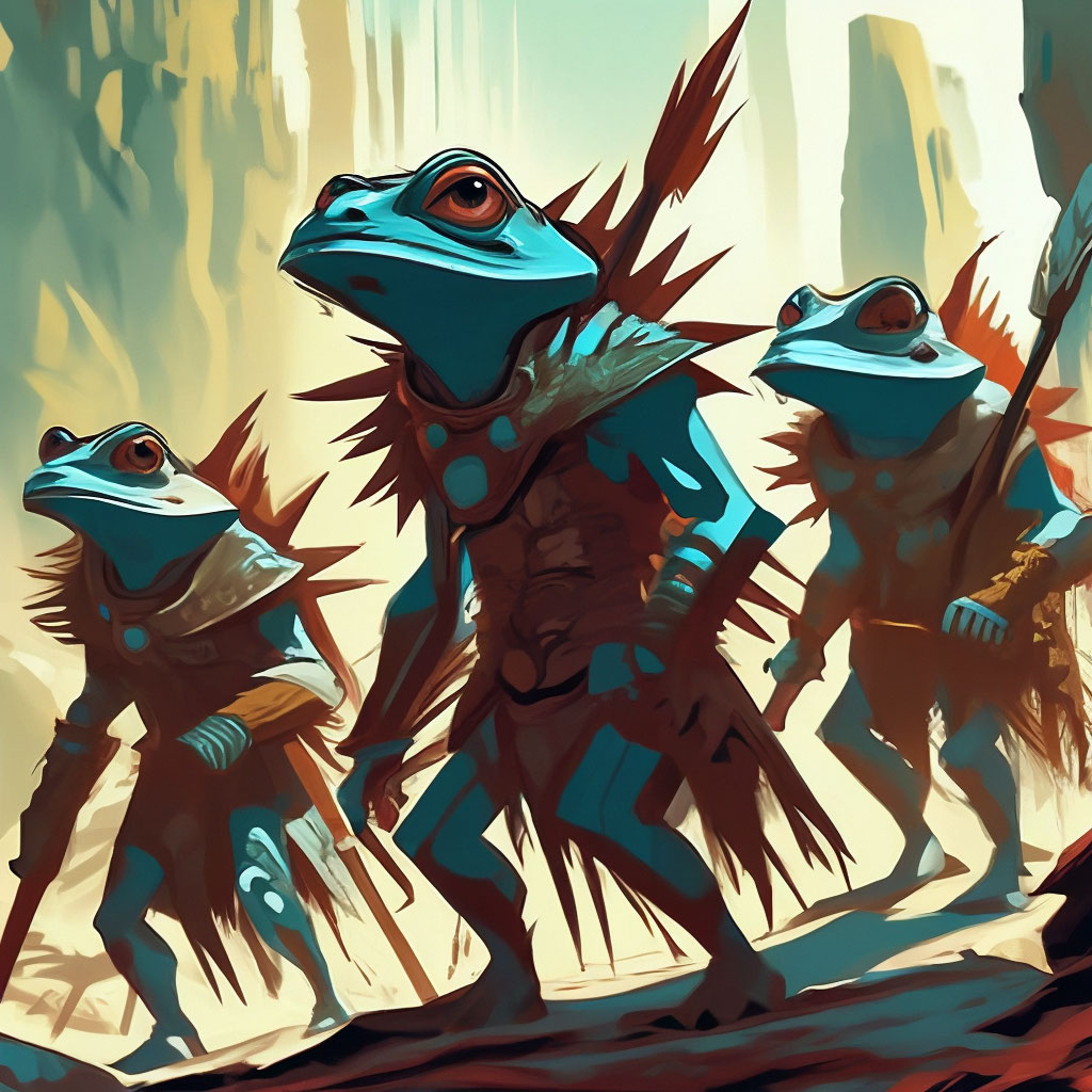"Primitive ancient tribe of anthropomorphic frogs, hunting, detailed ...