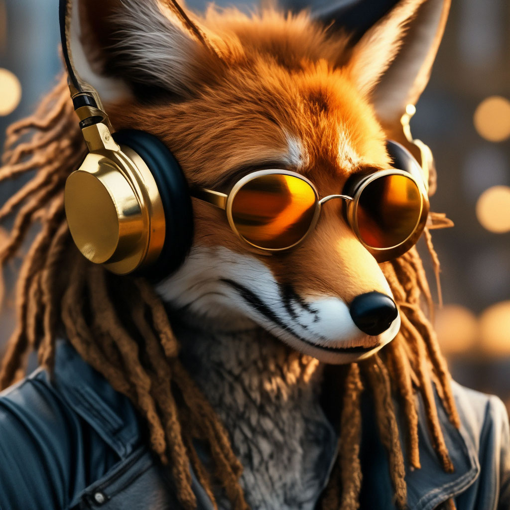 "Anthropomorphic fox with dreadlocks, wearing gold sunglasses ...