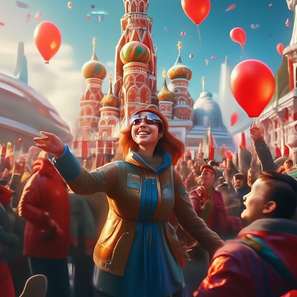 "Soviet union, retrofuturism, people celebrate a holiday, fun, good ...