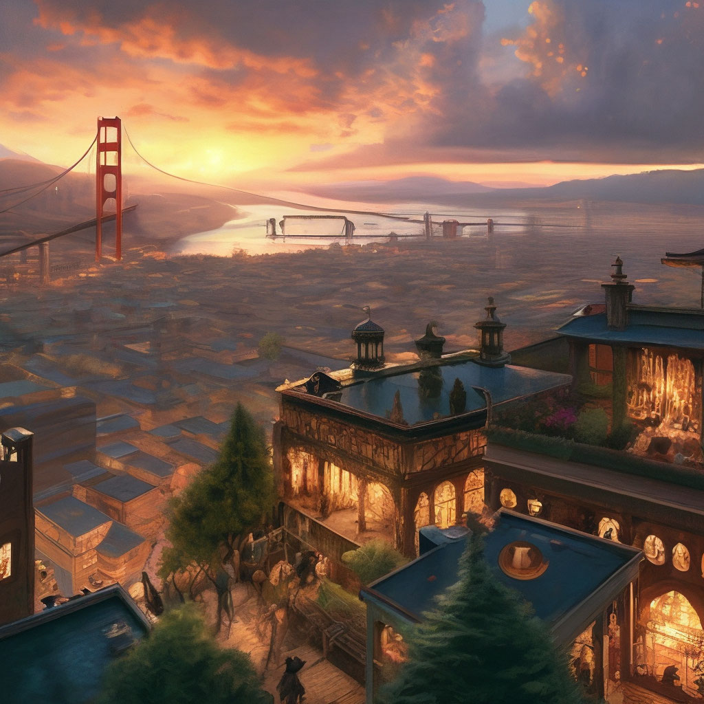 Realistic urban landscape of San Francisco from the roof, high terrace ...