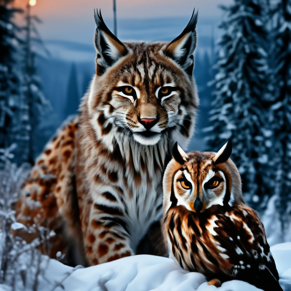 "Winter landscape, a lynx and an owl sitting in the snow." — image ...