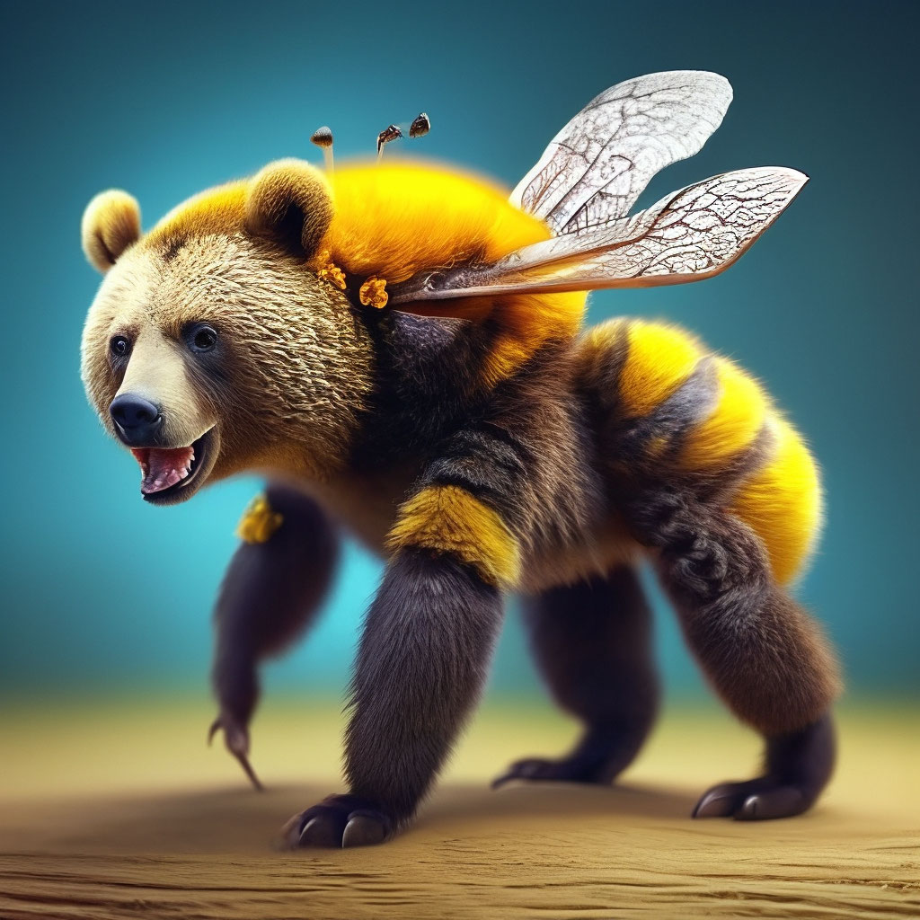 "Hybrid of a bear and a bee, symbiosis, funny caricature, side view ...